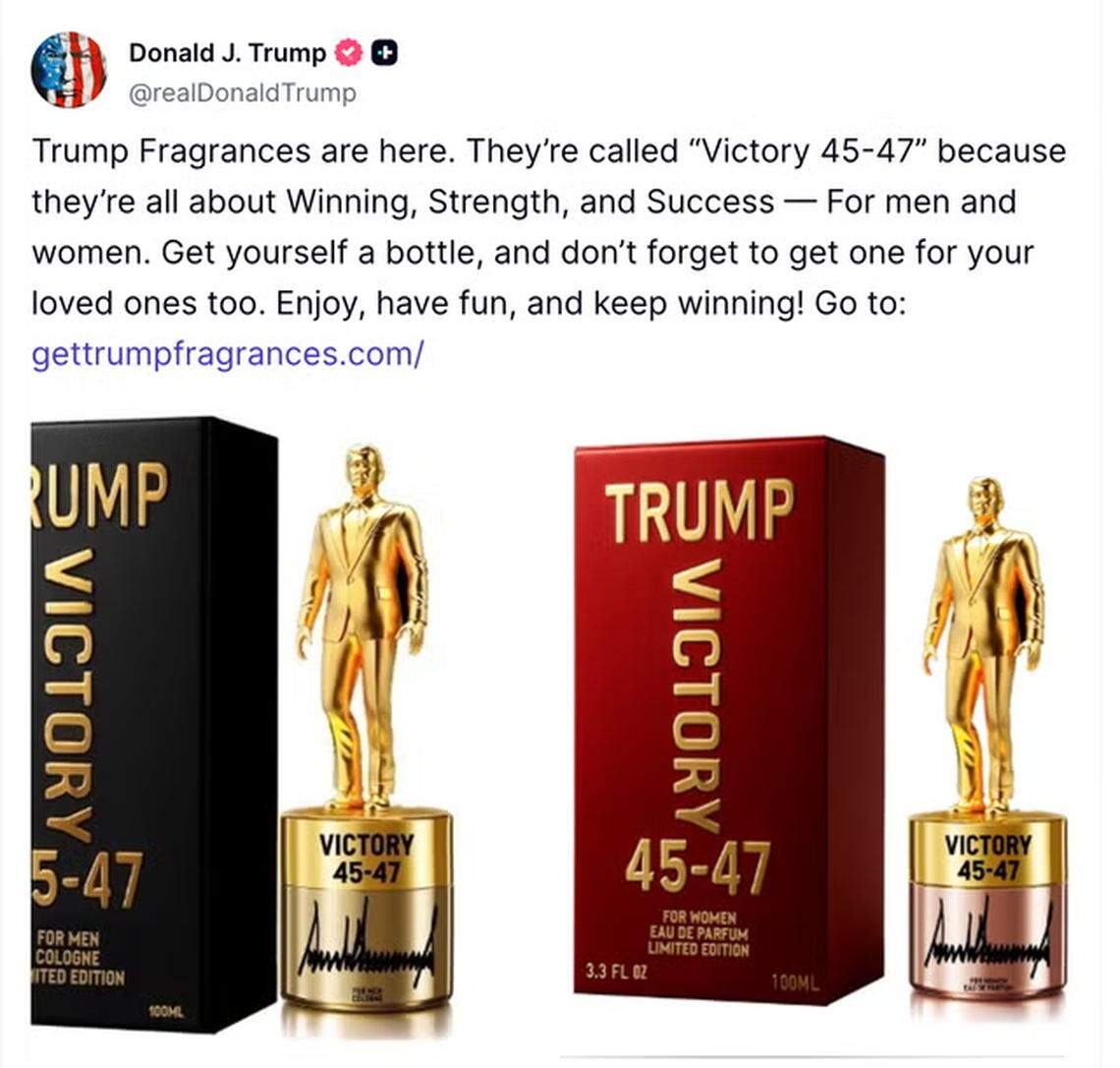 Trump lanza perfumes ‘Victory 45-47’ con figura dorada suya al estilo ...